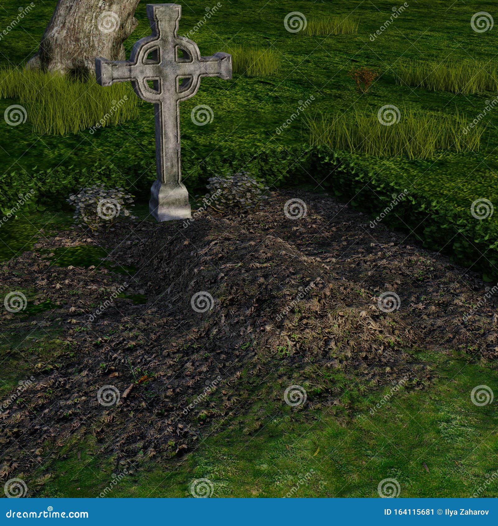 View of a Well-kept Grave in a Large Cemetery with a Massive Cross in ...