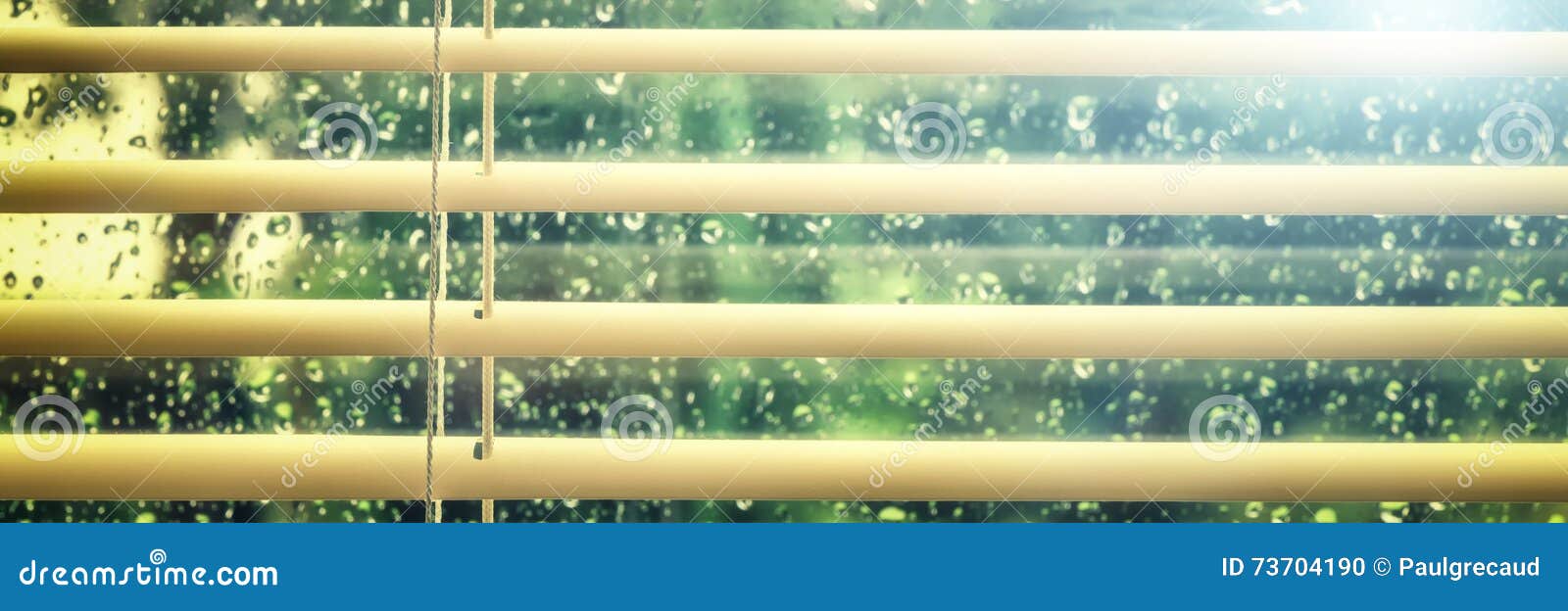 View of Wet Window with Rain Drops through Blinds Stock Photo - Image ...