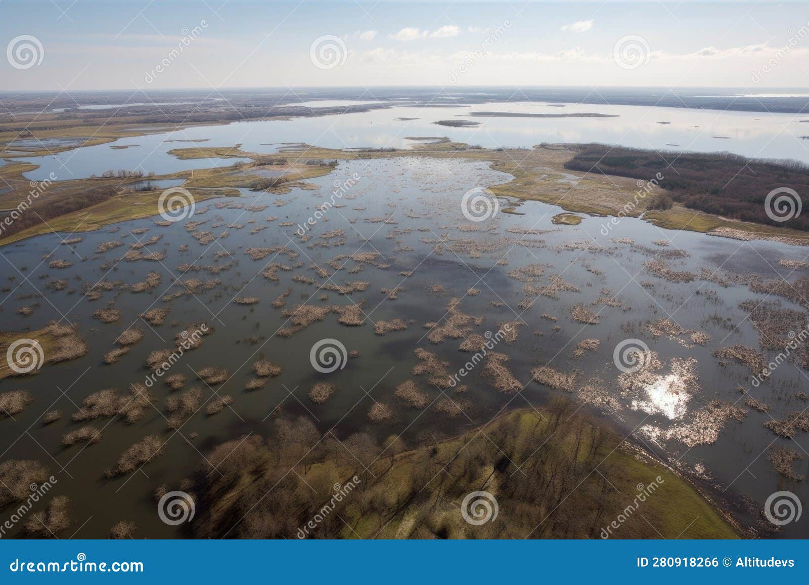 View of Wetlands and Marshes from Above, with Flock of Birds in Flight ...
