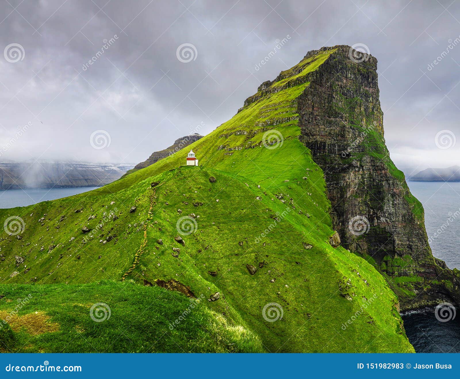 Red and White Kullur Lighthouse on the Stunning Green Cliffside of the ...
