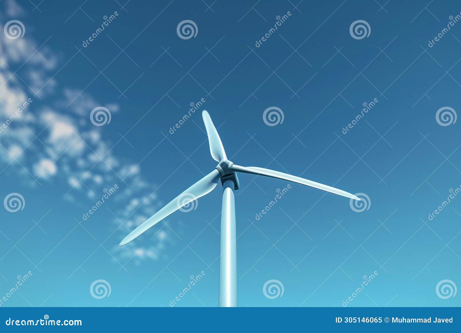 View Wind Turbine Against A Vibrant Blue Sky Clean Energy Concept Stock