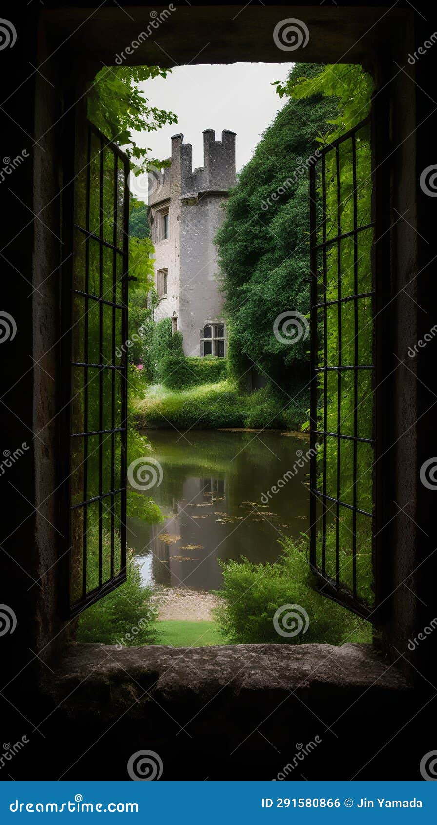 View through the Window of a Castle with a Pond in the Background Stock ...
