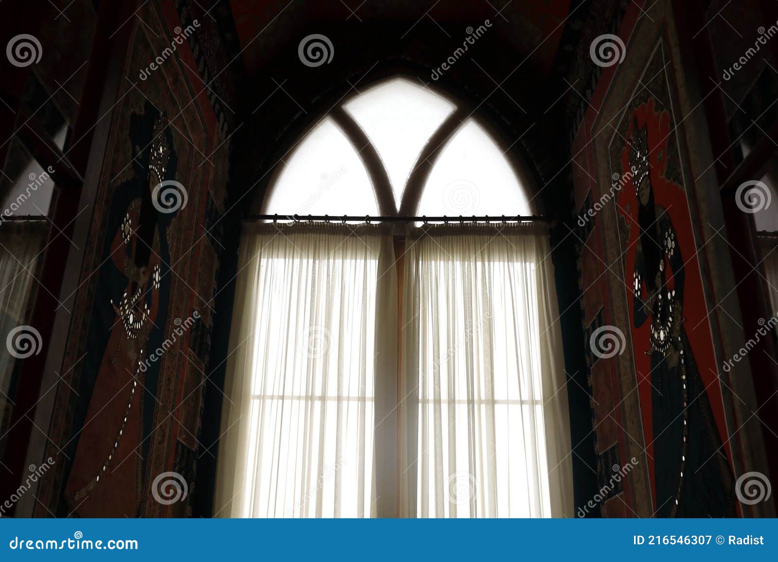 View of Window with Curtains in Mansion Stock Image - Image of building ...