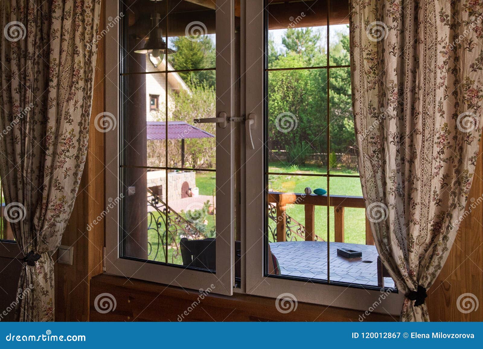 View through the Window with Curtains, Stock Image - Image of garden ...