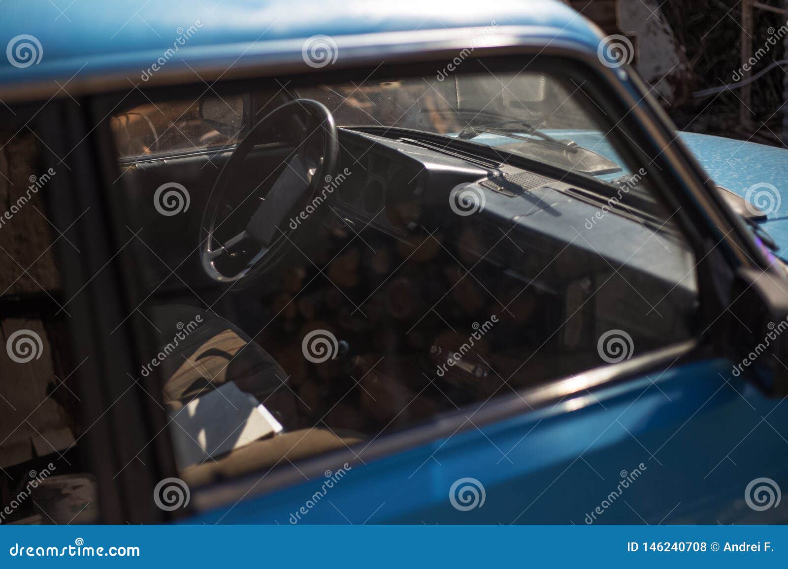 View of the Window of Old Blue Retro Car Stock Photo - Image of closer ...