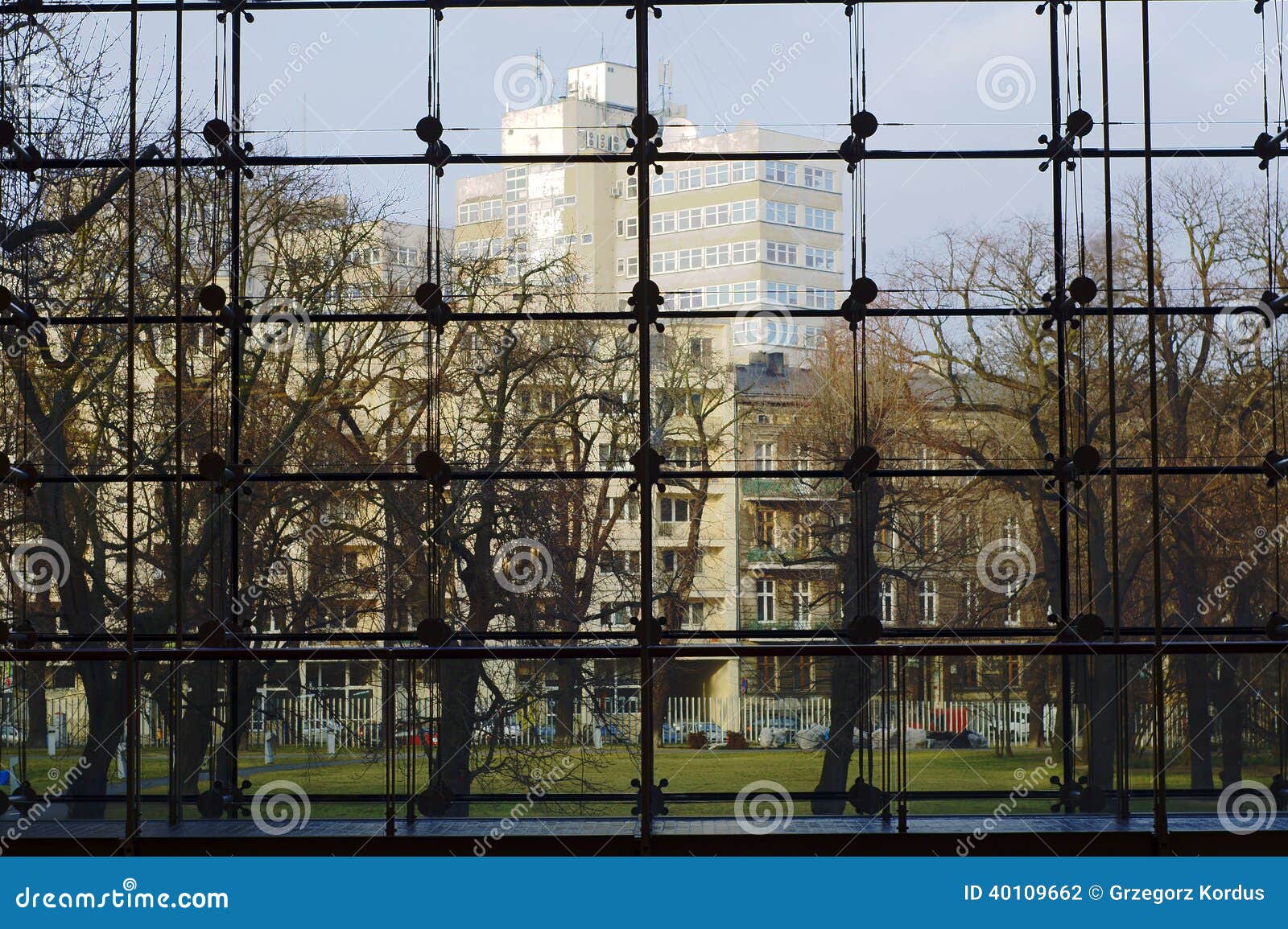 View through a Window at the Park and the Street Stock Photo - Image of ...