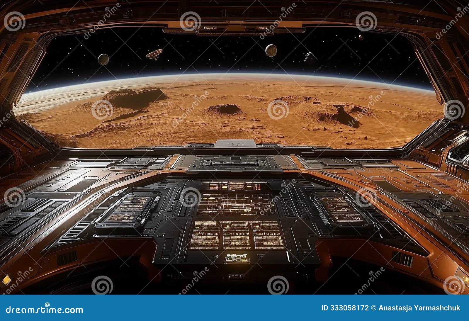 A View from the Window of a Space Station in Orbit Around Mars Stock ...