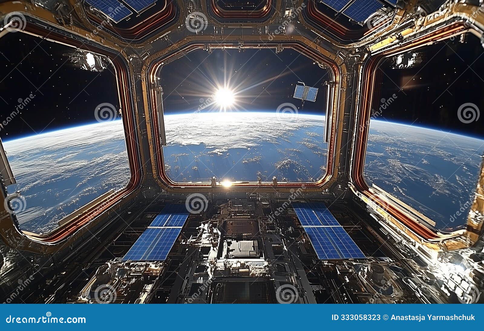 A View from the Window of a Space Station in Orbit Around Mars Stock ...