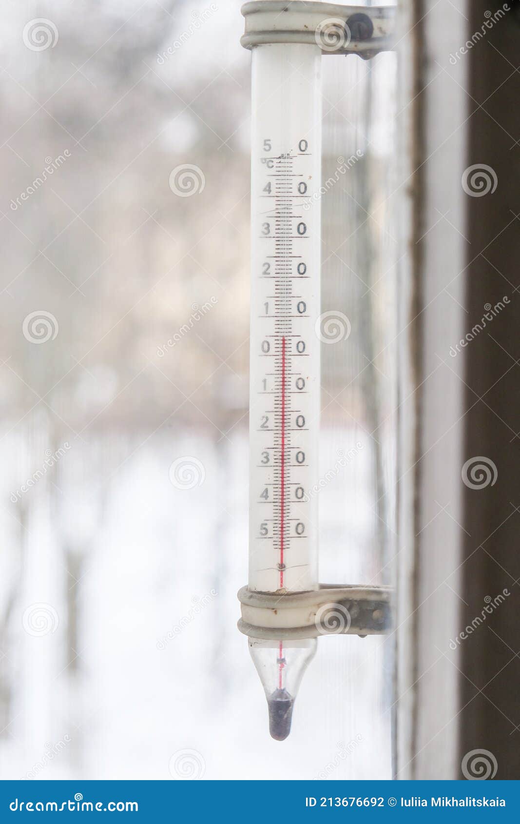 A View at Window Thermometer Which Indicates Plus Five Degree Celsius ...