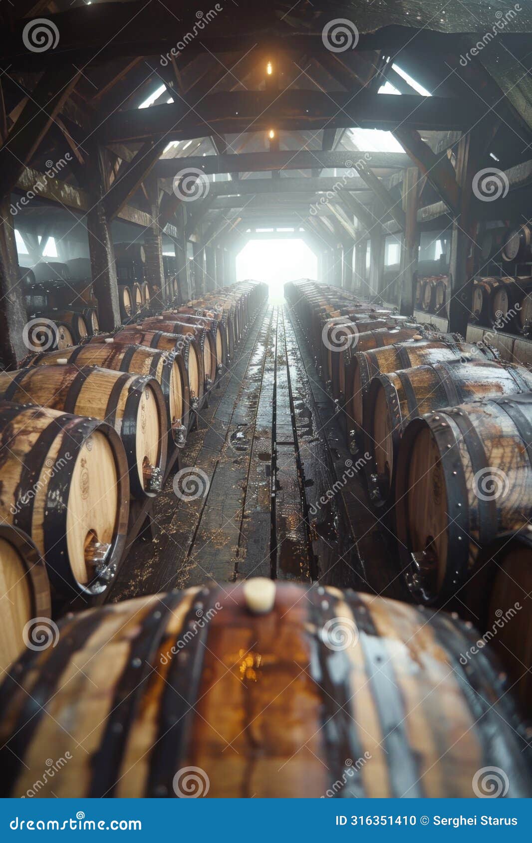 A View of a Wooden Structure with Many Barrels Inside, AI Stock Photo ...