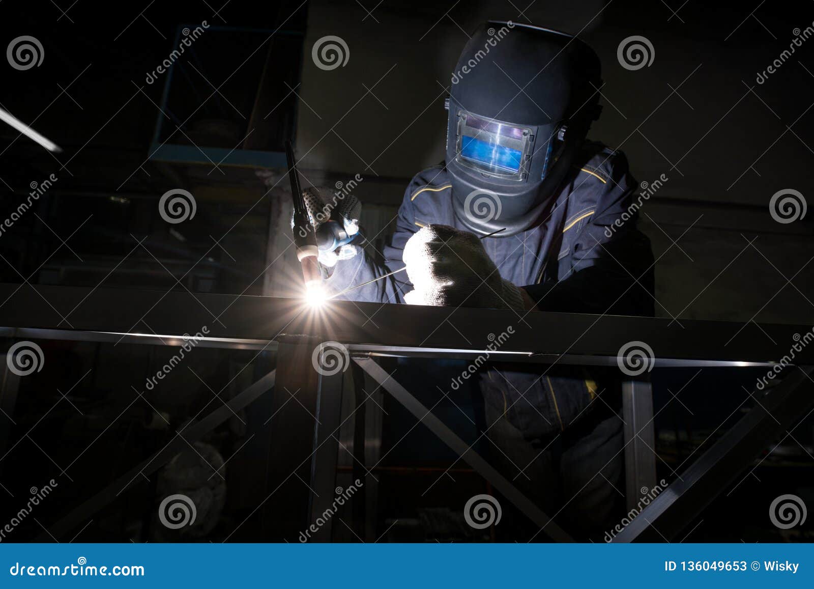 View of Worker in Face Shield Doing Argon Welding Stock Image - Image ...