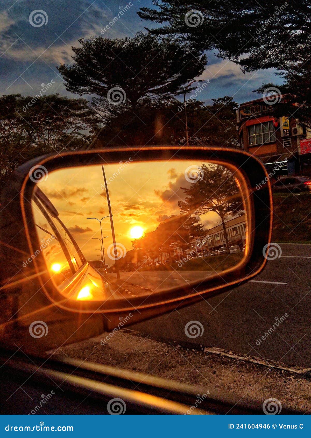 Viewing Sunset from Side Mirror of Car. Stock Photo - Image of ...