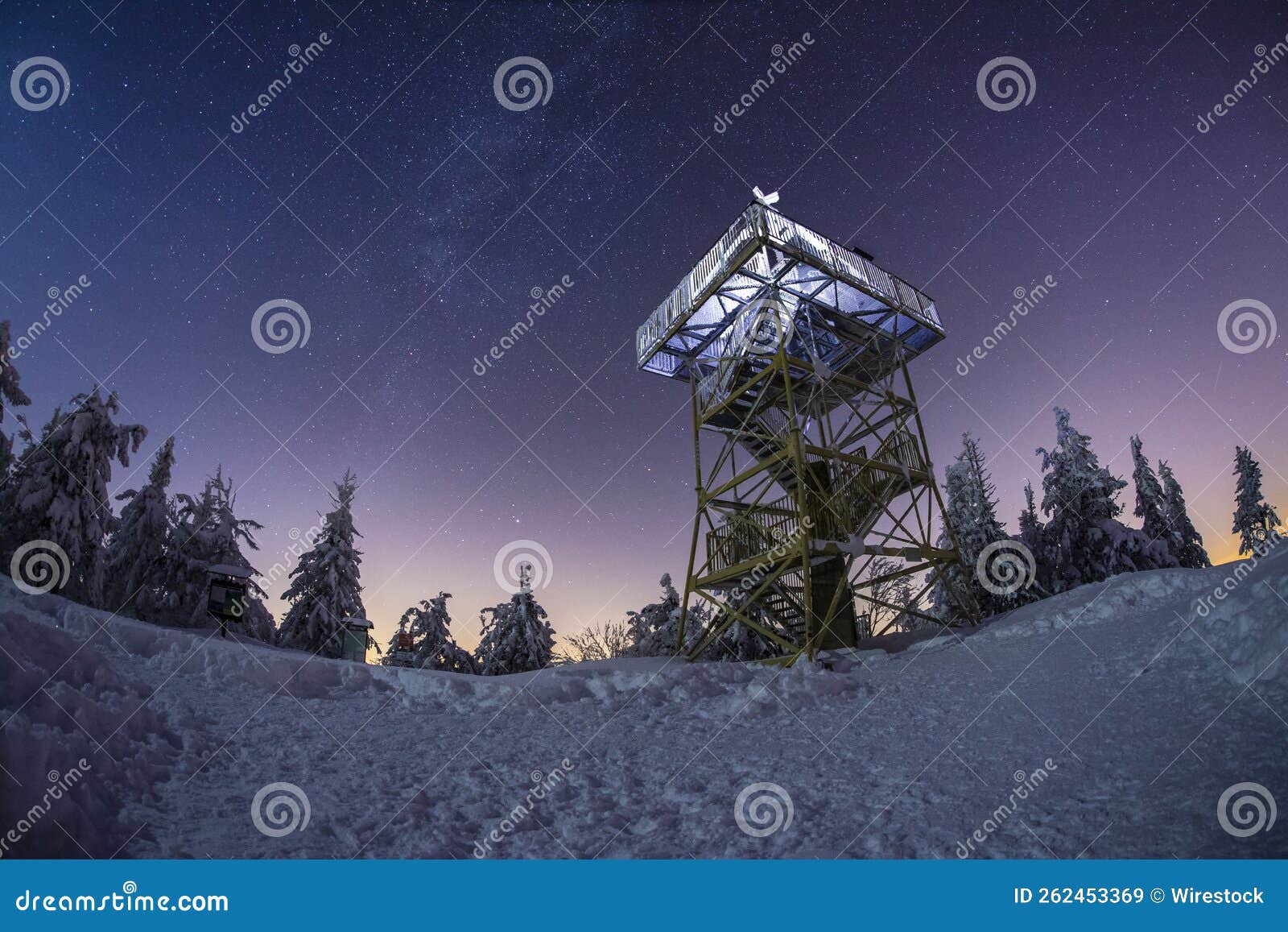 Viewing Tower at Night with a Starry Sky Background Stock Image - Image ...