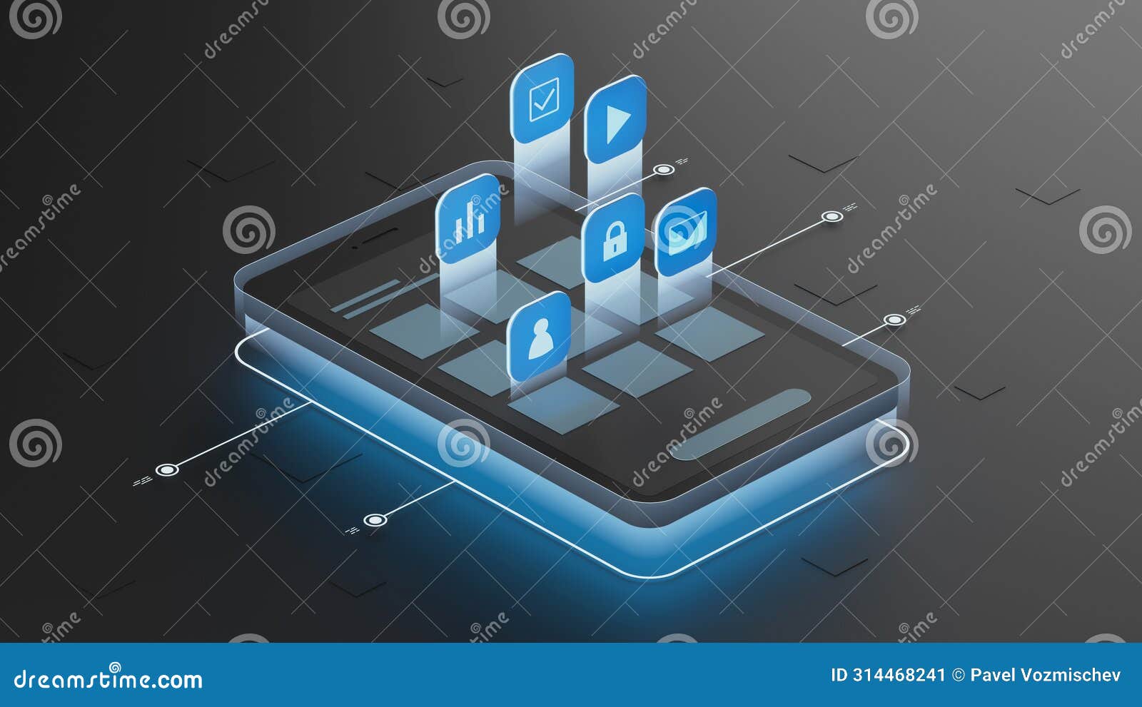 Viewing User Interface Screens with Icons and Statistics. Icons of Applications for the Phone ...