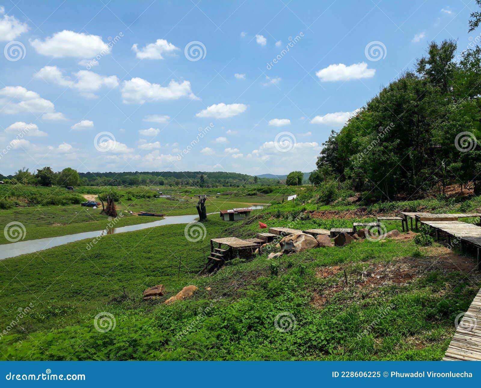 Viewpoint, River and Green Mountain Stock Image - Image of farm ...