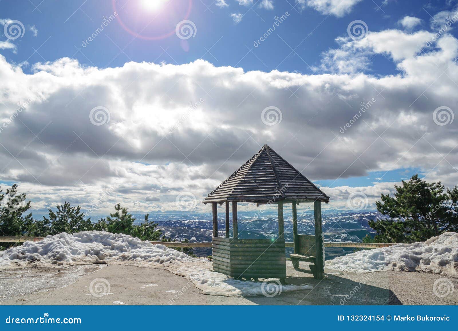 Viewpoint on Snow Mountain with Bench with Valley View and Cloudy Stock ...