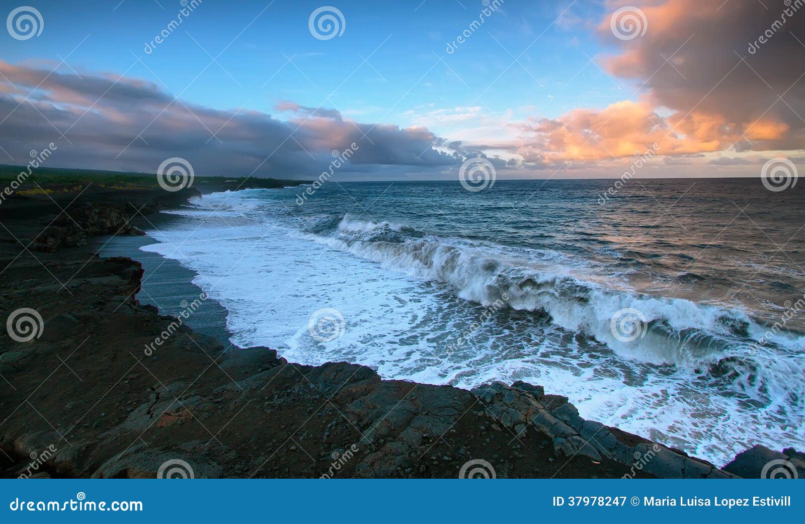Views of the Sea and Black Lava Rocks at Sunset Stock Image - Image of ...