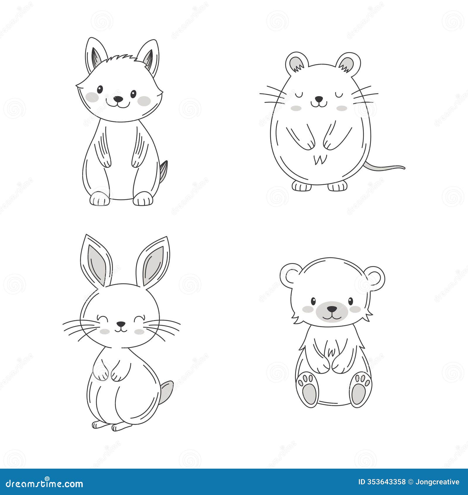 Vignetting Set Of Cute Rabbit Bear Fox Doodle Cartoon Character Stock ...