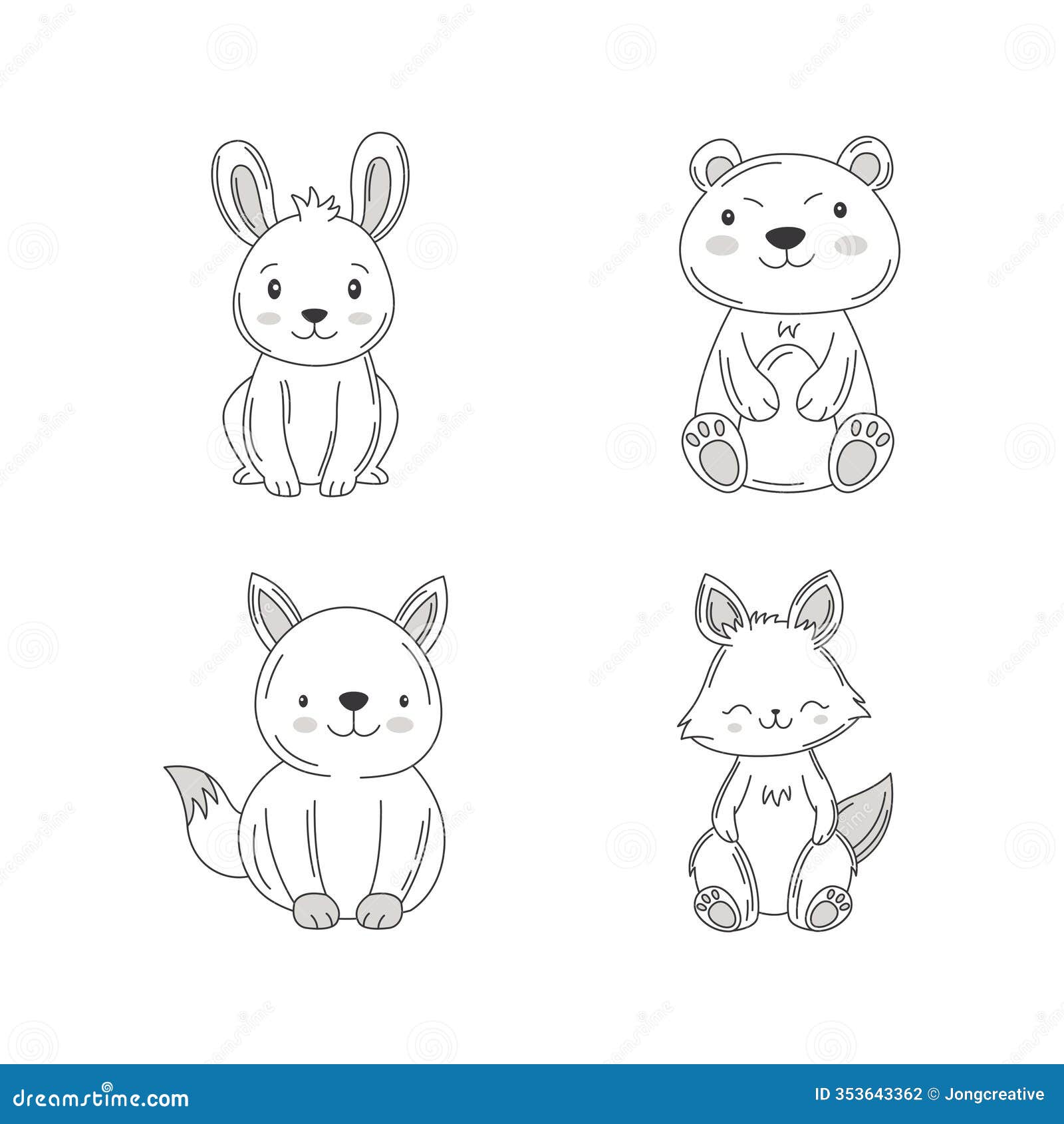 Vignetting Set Of Cute Rabbit Bear Fox Doodle Cartoon Character Stock ...