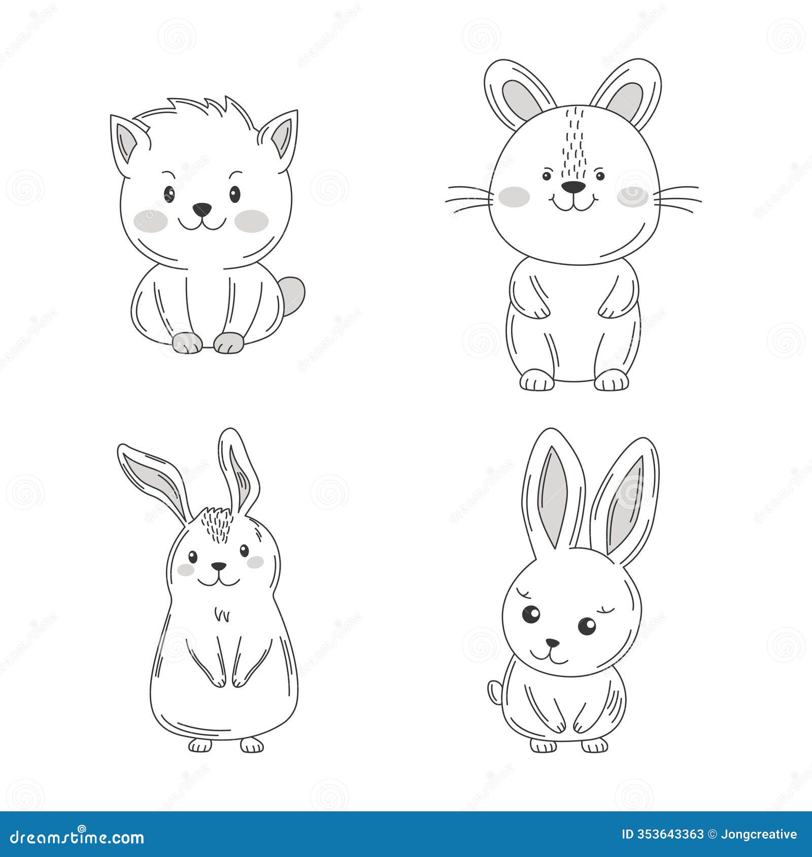 Vignetting Set Of Cute Rabbit Cat Doodle Cartoon Character Royalty-Free ...