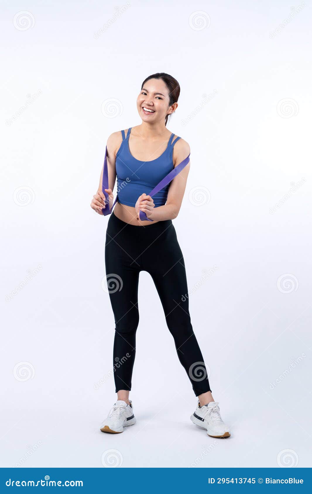 Vigorous Energetic Woman In Sportswear Portrait Stretching Resistance