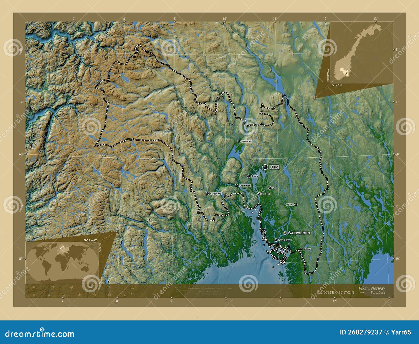 Viken, Norway. Physical. Labelled Points of Cities Stock Illustration ...