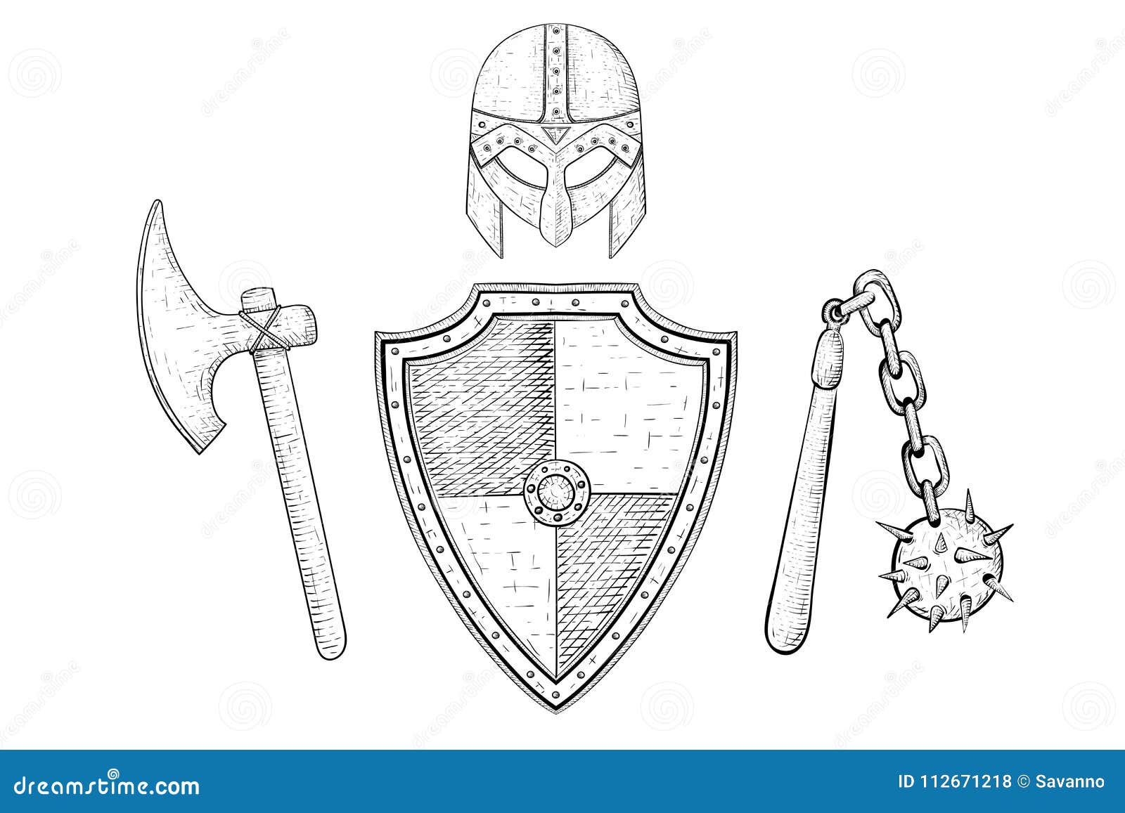 Viking Armor Set Helmet Shield Flail And Axe Hand Drawn Sketch Stock Vector Illustration
