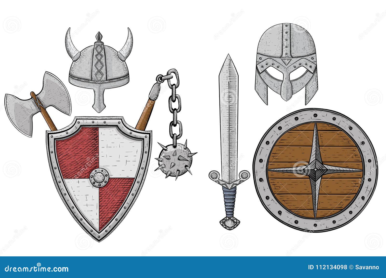 Viking Armor Set Helmets Shields And Sword Axe Colored Hand Drawn
