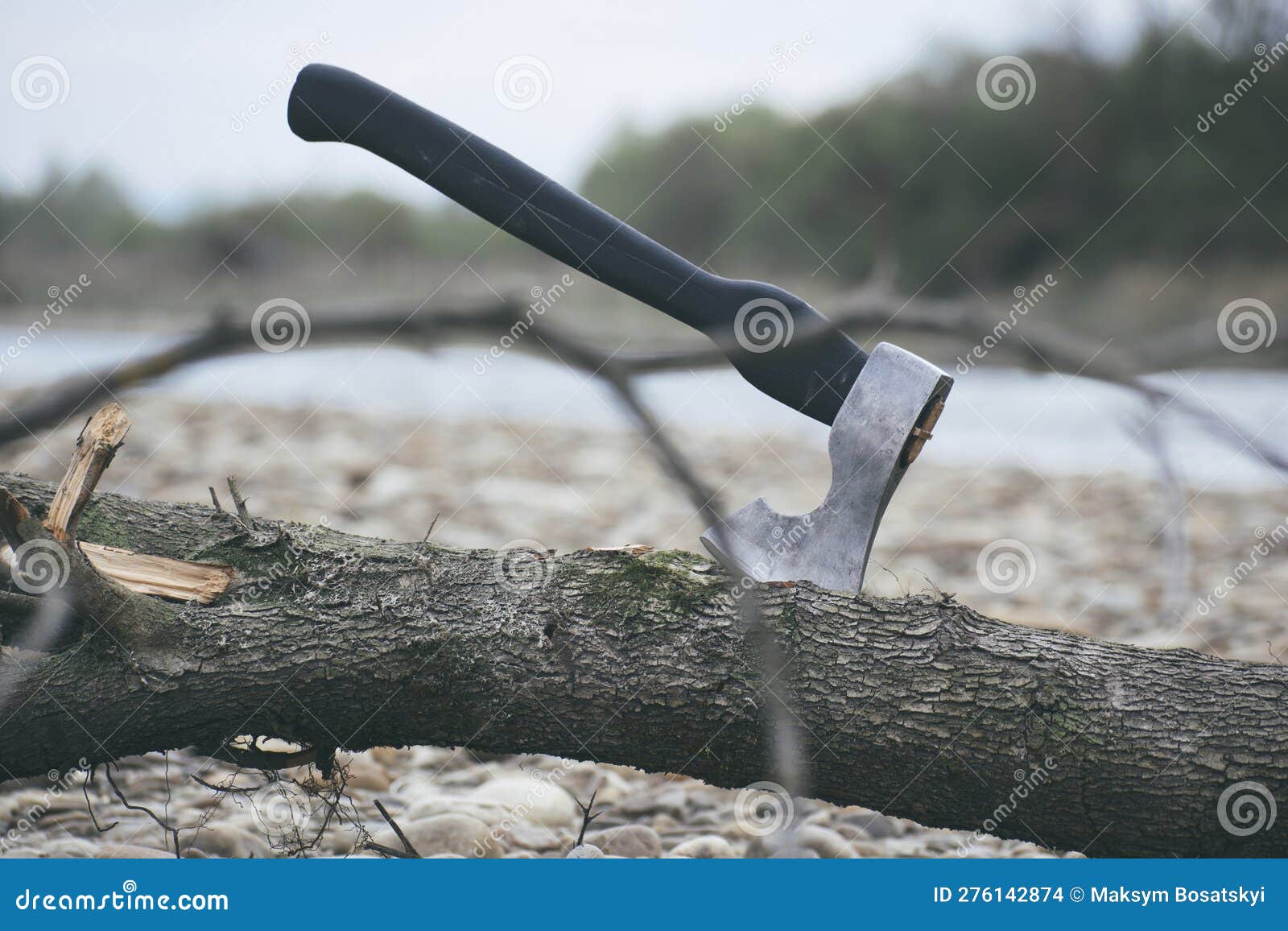 Viking Ax. an Ax Driven into a Piece of Wood. Ax in the Water Stock ...