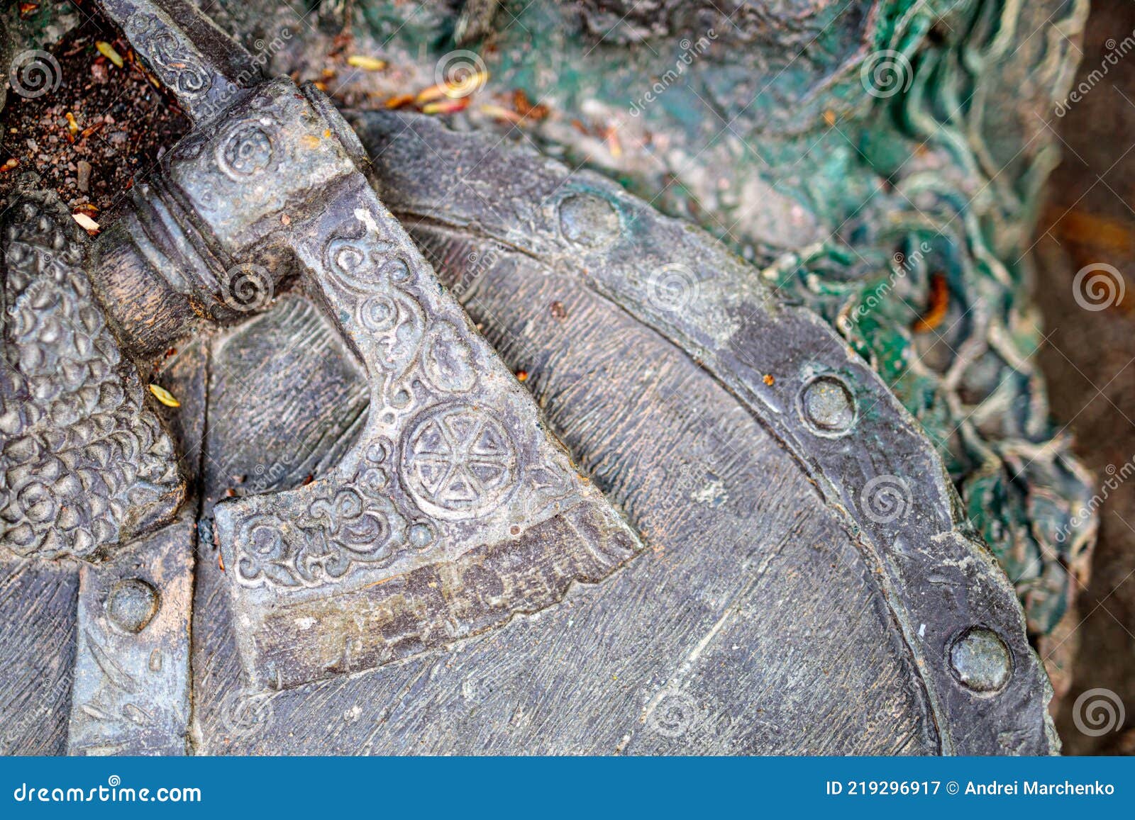 Viking Ax Lies on the Shield of a Fallen Warrior Close-up Stock Image ...