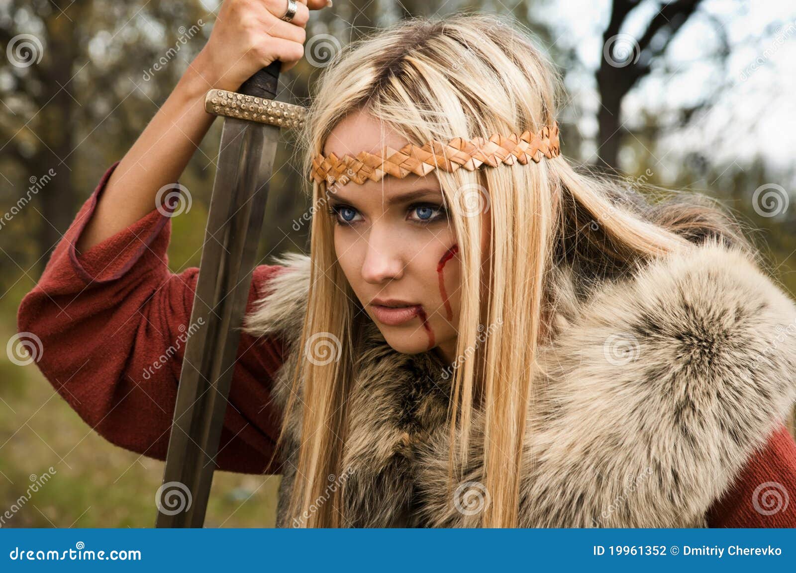 Viking Girl with Sword in a Fog Stock Photo - Image of northern ...