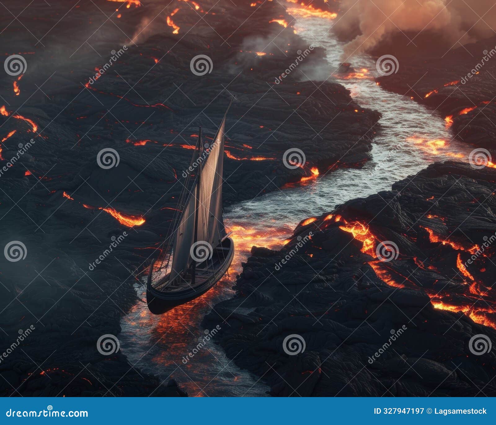 A Viking Longboat Sailing Along a River of Molten Lava Stock ...
