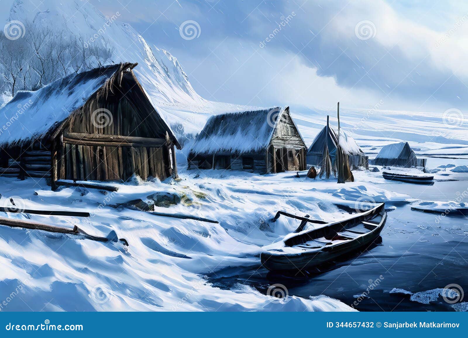 Viking Settlement Longhouses Ships and a Harsh Snowy Landscape Stock ...