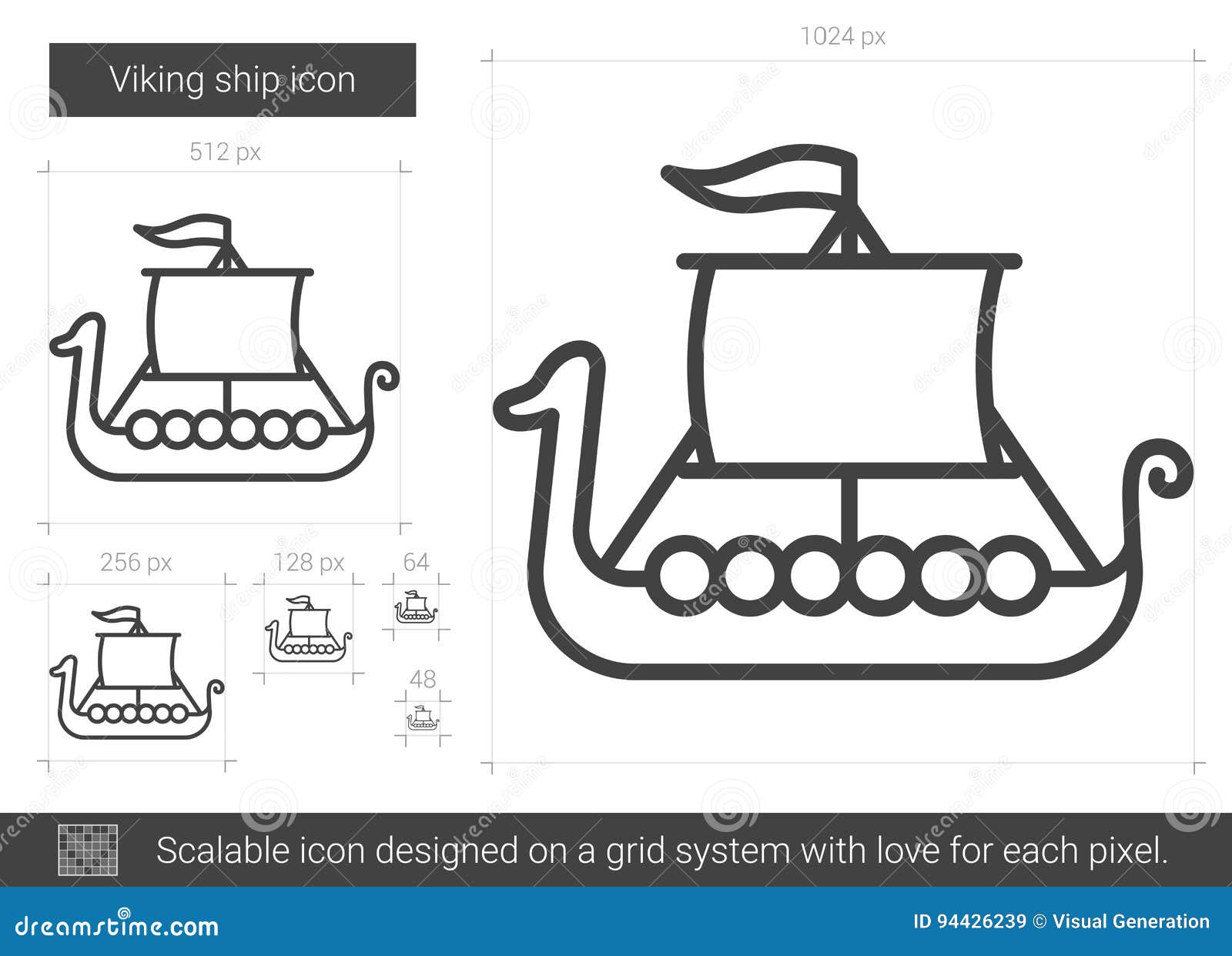Viking ship line icon. stock vector. Illustration of draw - 94426239