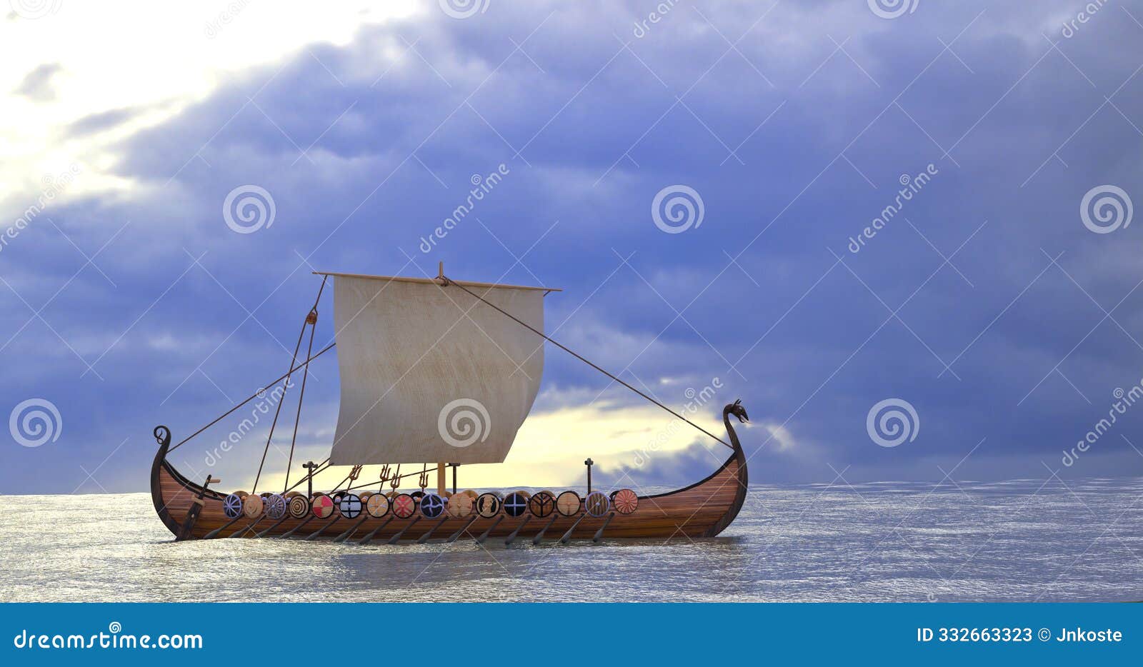 Viking Ship Longship 3D Render Image Side View Rowing Vikings On ...