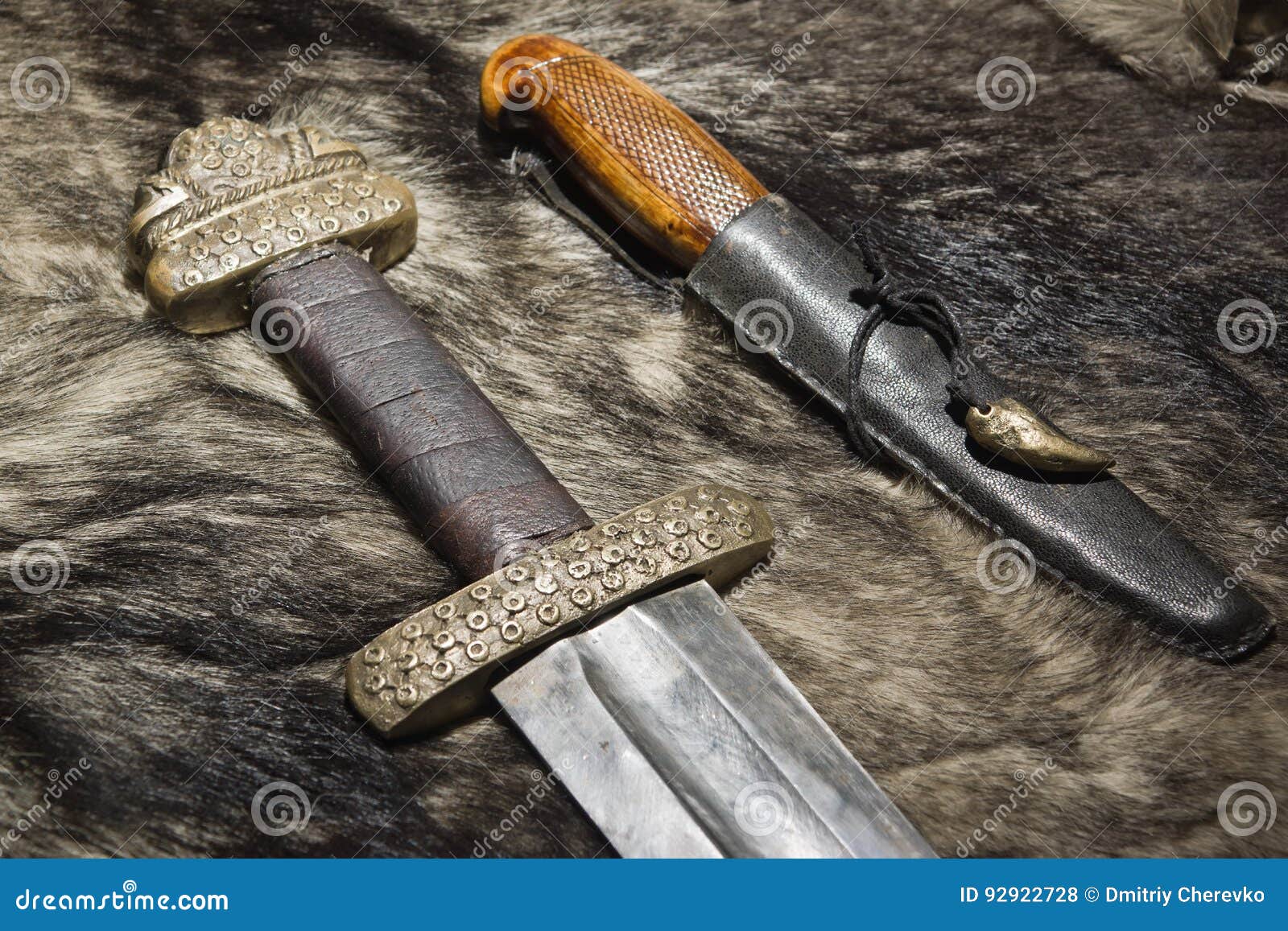 Viking Sword and Knife on a Fur Stock Photo - Image of shiny, treasure ...