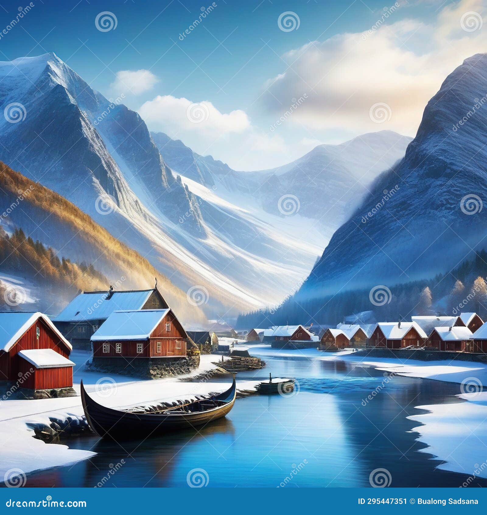 Viking Village Landscape with River and Rustic Stock Illustration ...