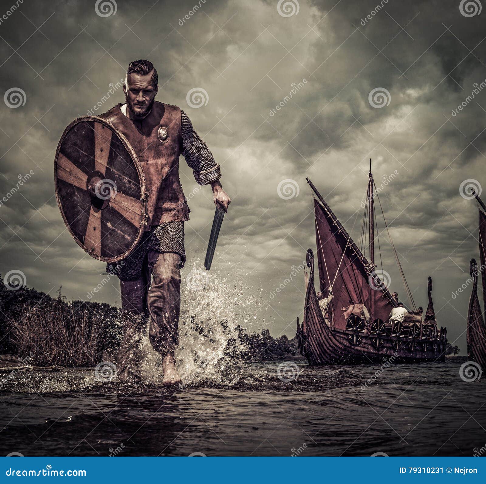 Drakkar- Battle Old Viking Ships On The Waterfront Stock Photo ...
