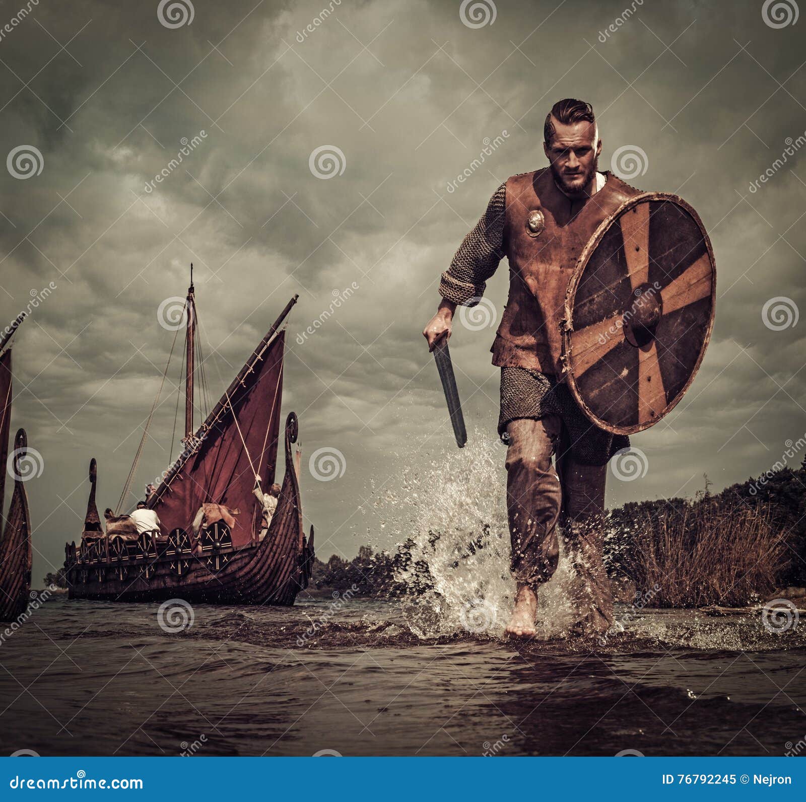 Drakkar- Battle Old Viking Ships On The Waterfront Stock Photo ...