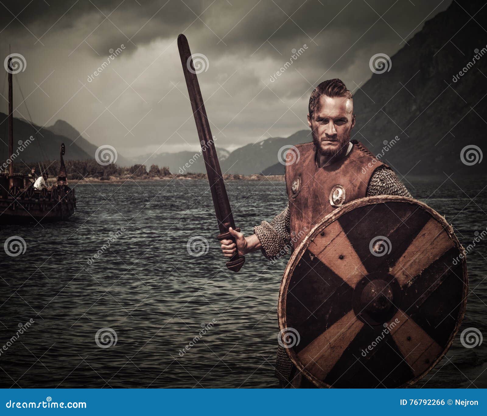 Viking Warrior In The Attack, Standing Along The Shore With Drakkar And ...
