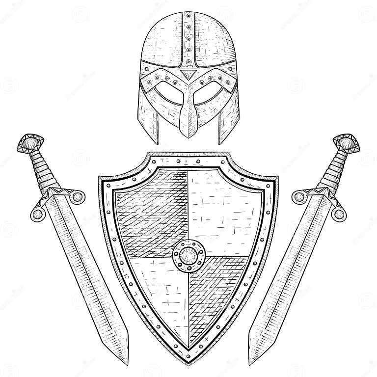 Viking Warrior Set Shield Swords And Helmet Hand Drawn Sketch