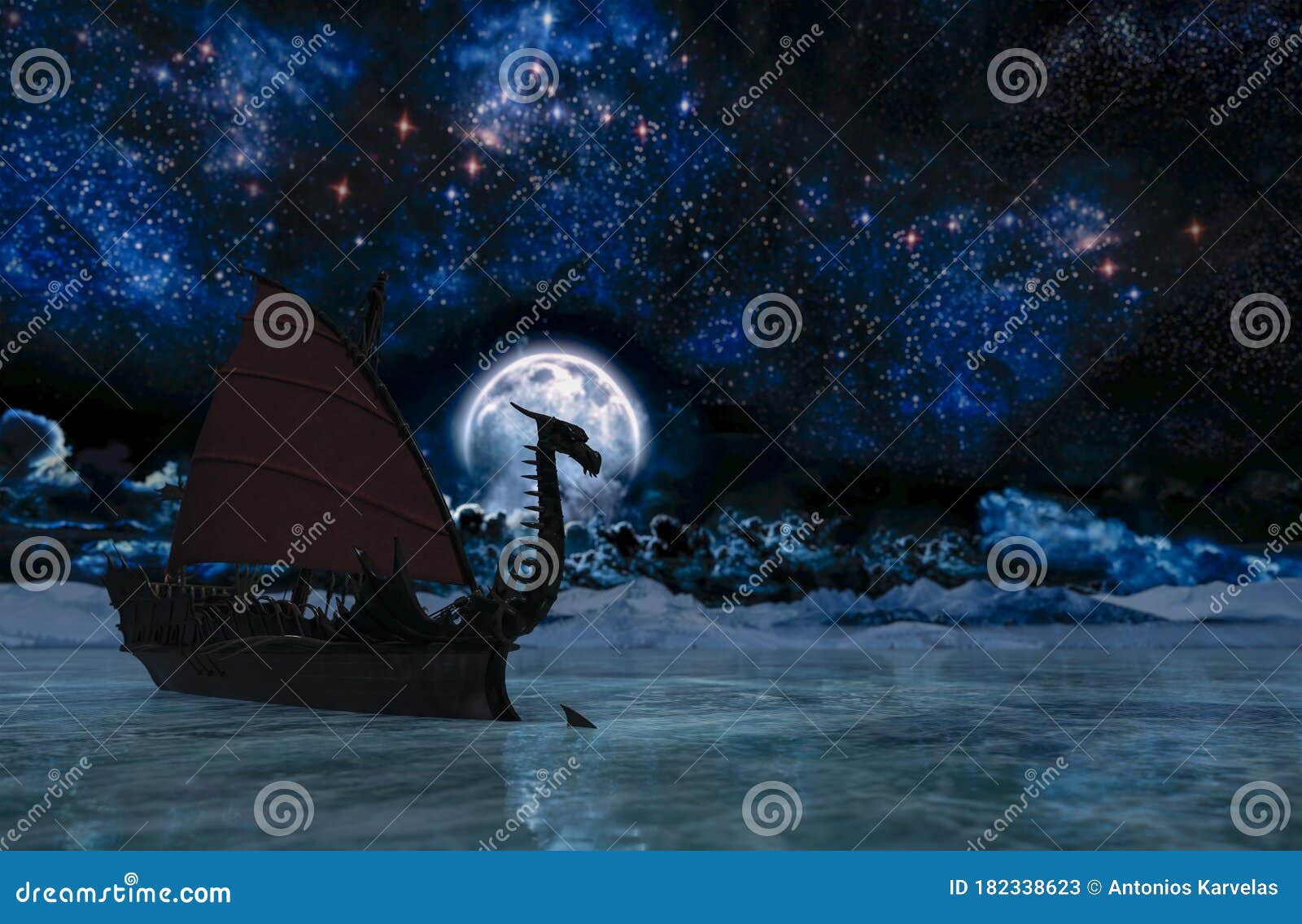 Viking Warship at Moonlight Stock Illustration - Illustration of sail ...