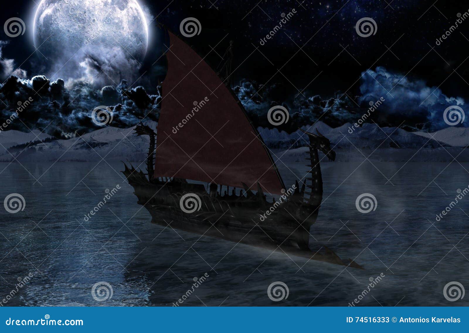 Viking Warship at Moonlight Stock Illustration - Illustration of ...