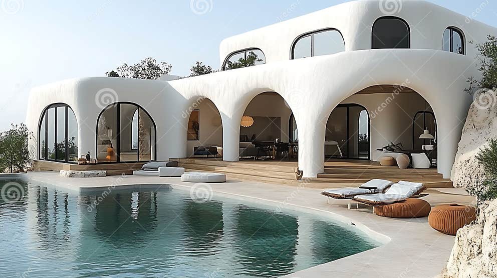 Villa with Arched Windows and an Outdoor Pool Stock Illustration ...