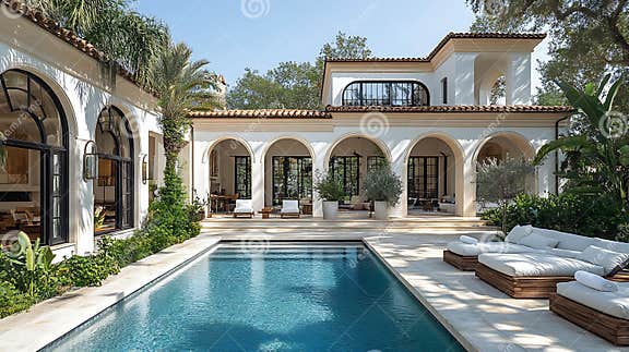 Villa with Arched Windows and an Outdoor Pool Stock Illustration ...