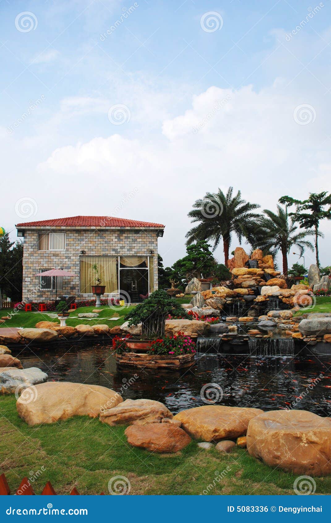The villa with pond garden stock photo. Image of home - 5083336