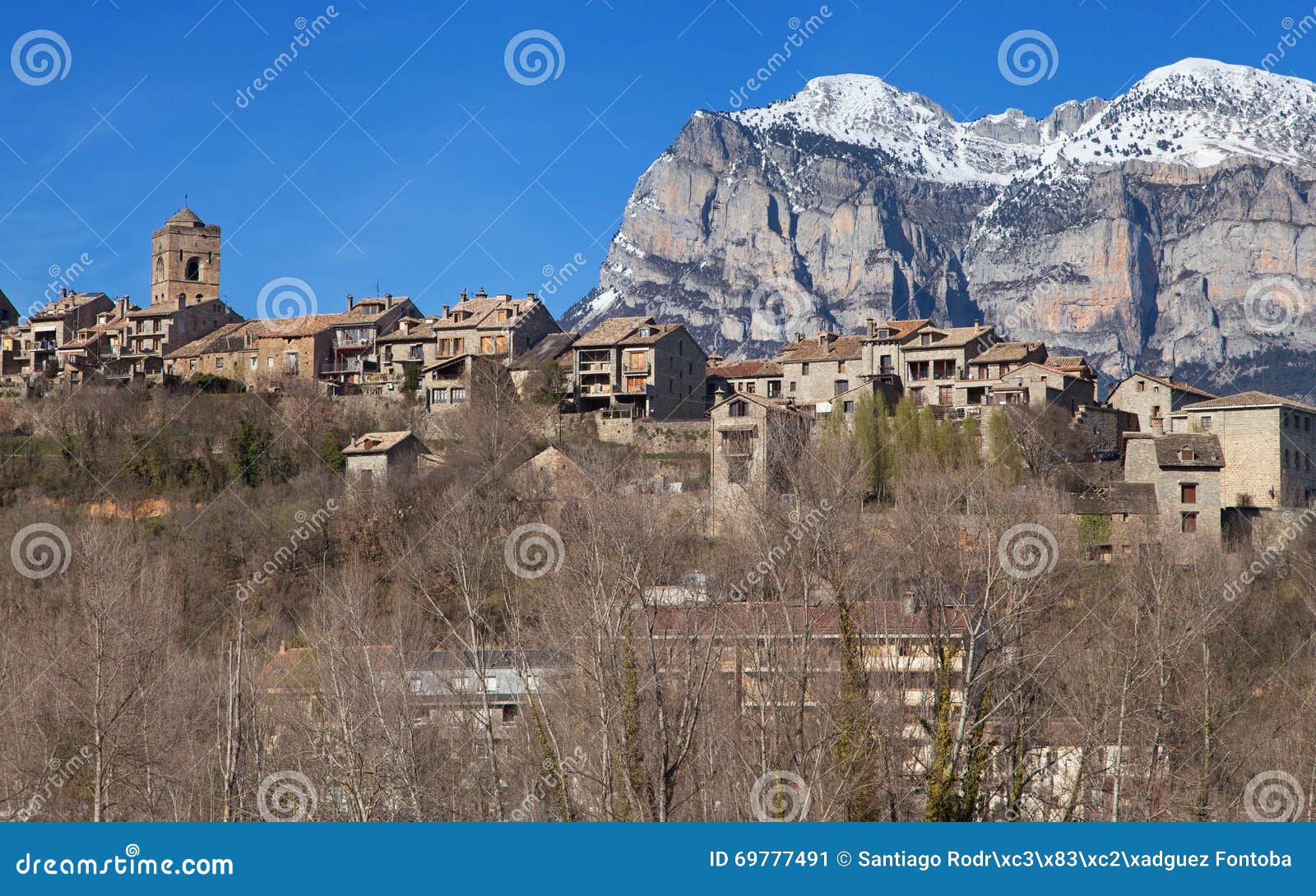 Village of Ainsa stock image. Image of pena, tower, snow - 69777491