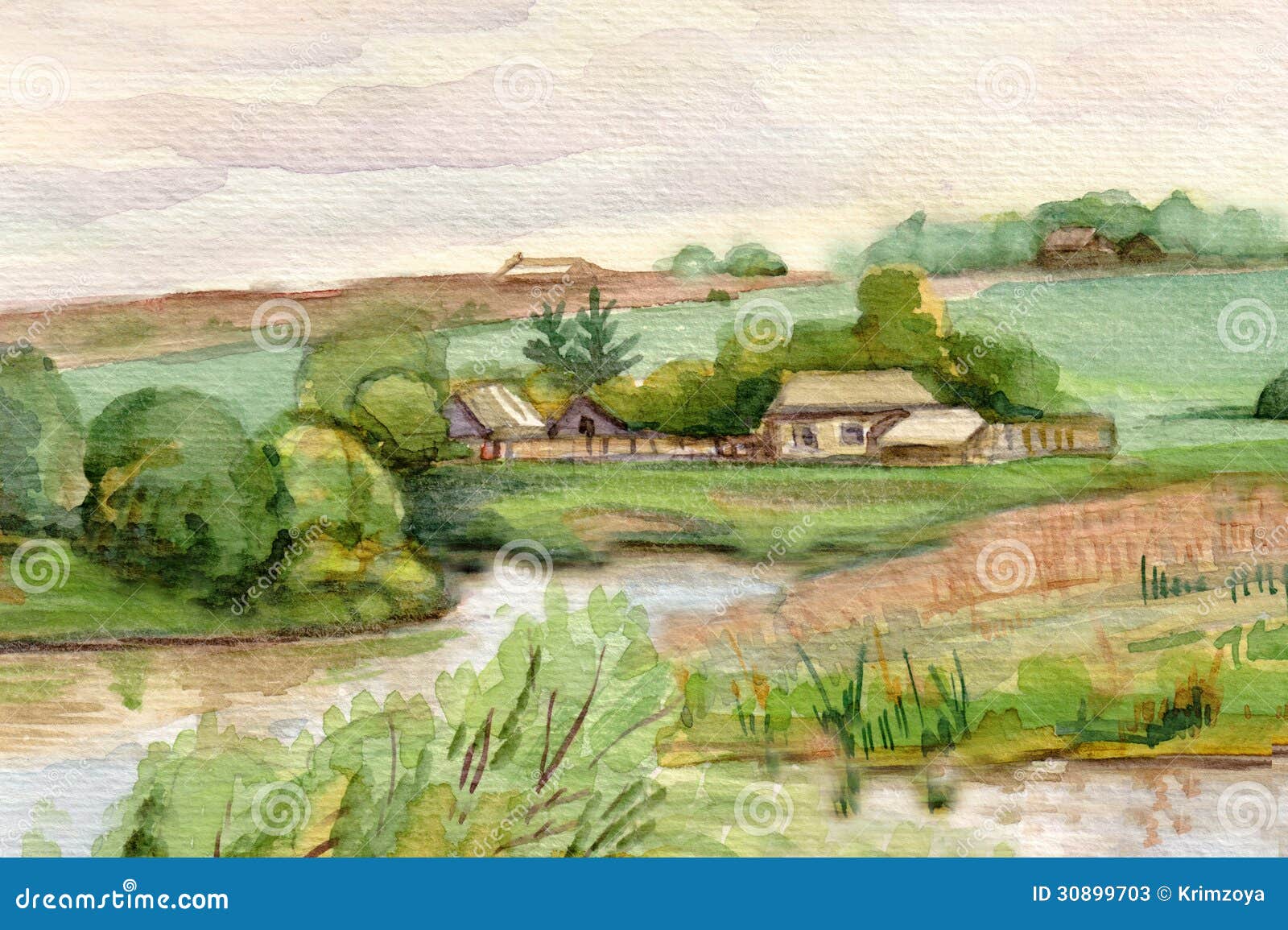 Village on the Bank of the River Protva Stock Illustration ...