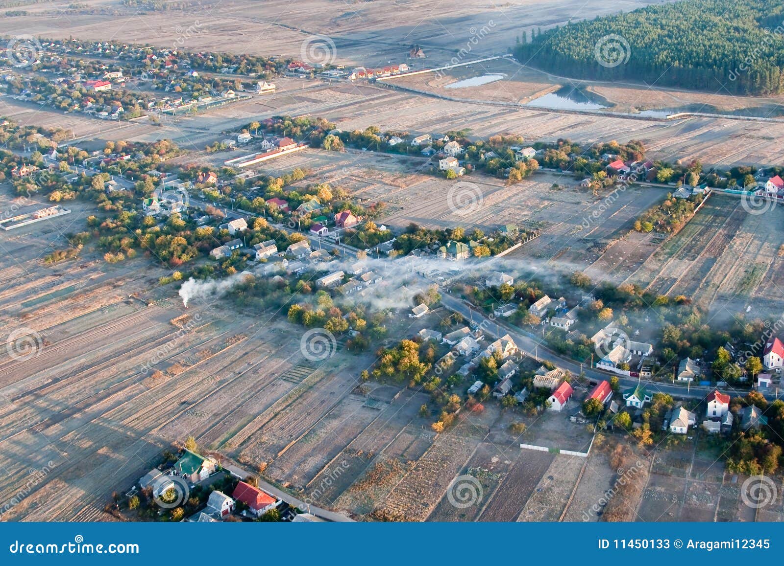 Village Bird S-eye View at Sunrise Stock Image - Image of smoke, curve ...