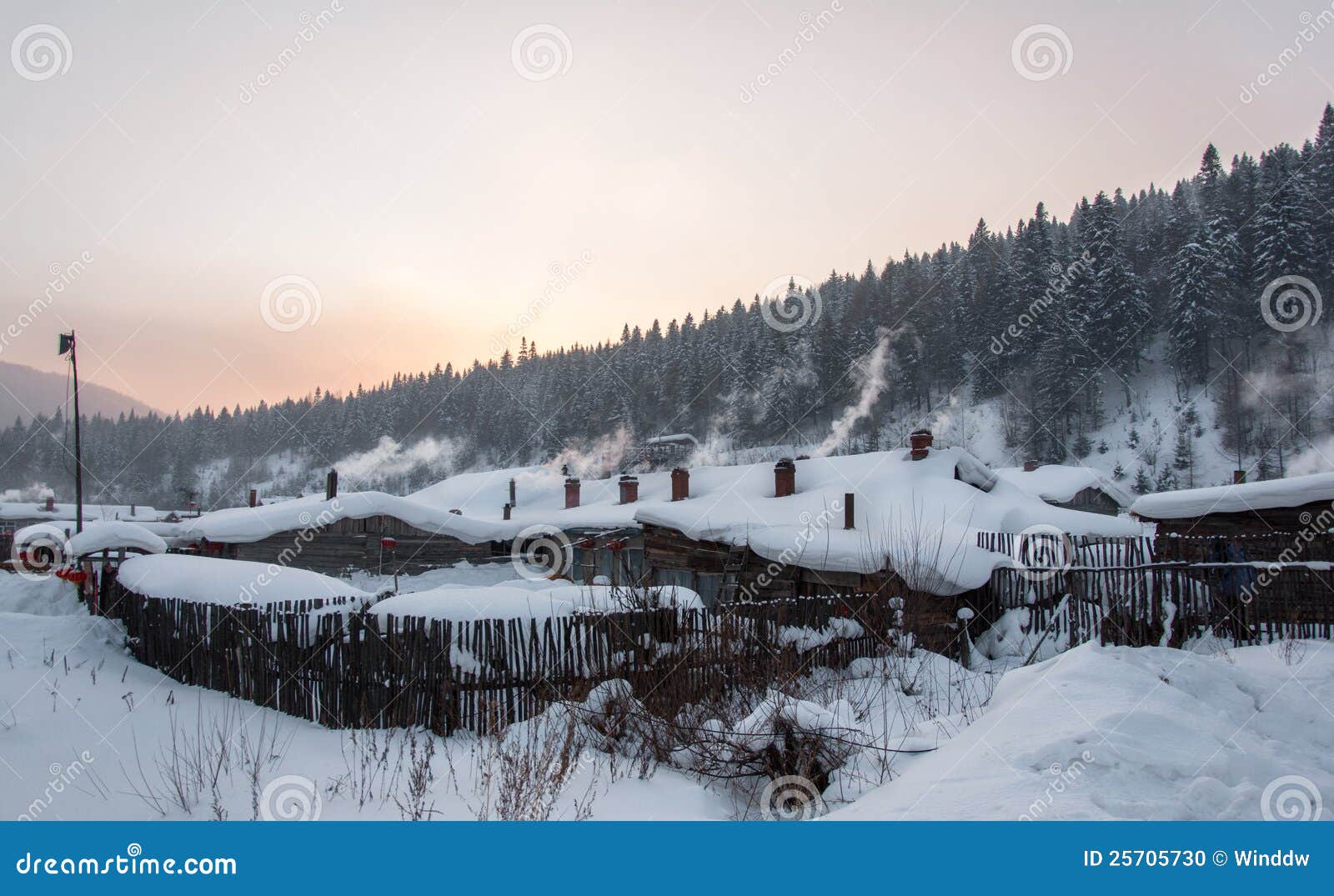 Sunset of Snow Town stock photo. Image of pine, country - 25705730